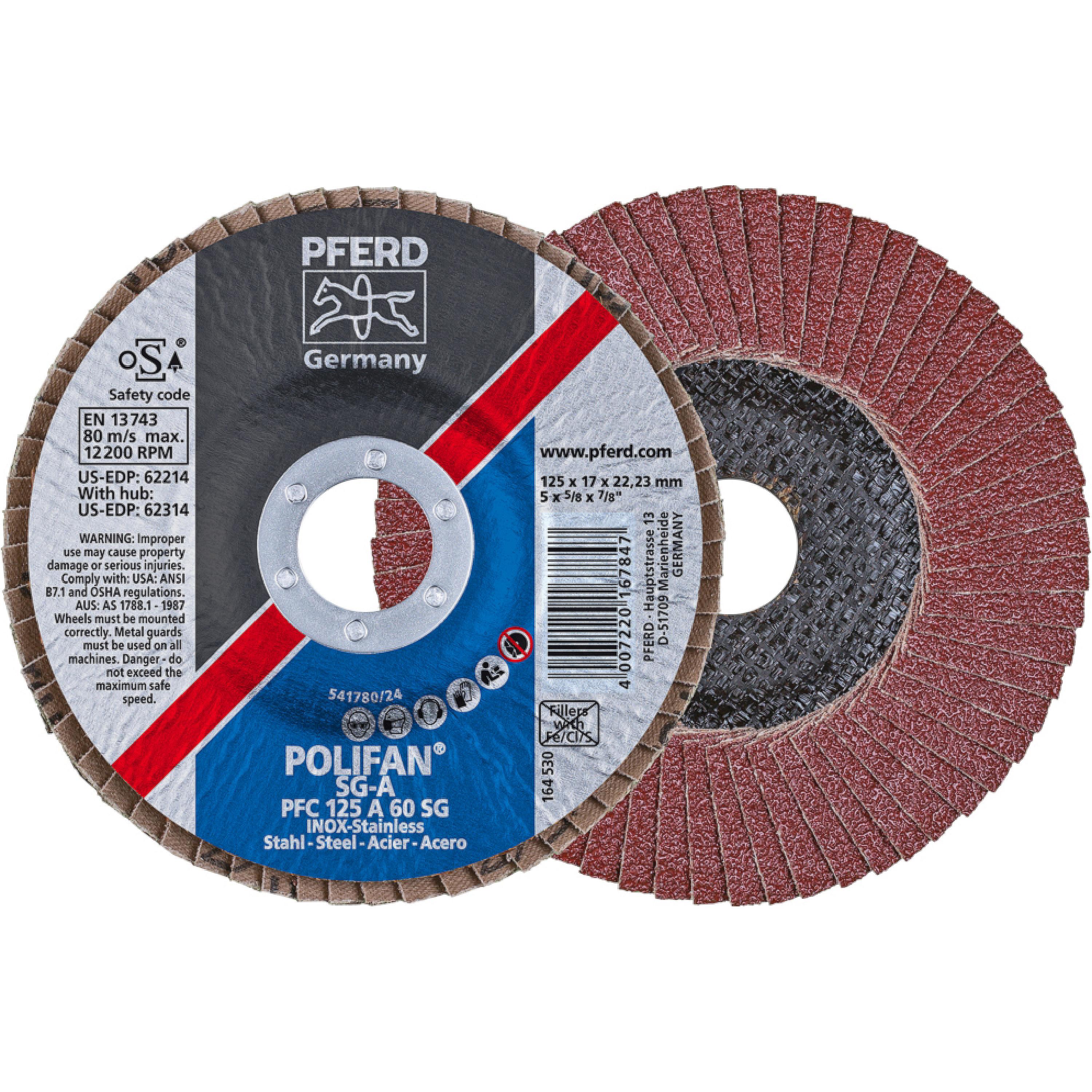 PFERD PFC 125 A 60 SG STEELOX POLIFAN flap disc 125x22.23mm conical grain 60 steel/precious ...