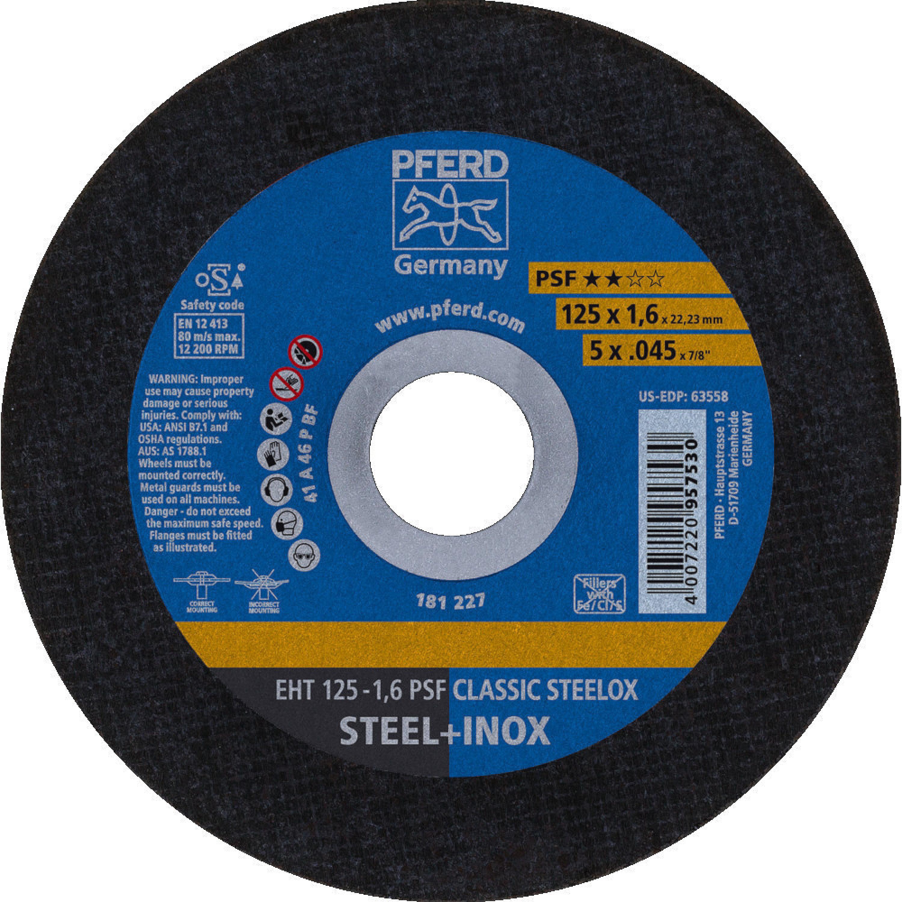 PFERD 61715253 cut-off wheel EHT 125x1,6x22,23 mm straight universal line PSF CLASSIC STEELOX ...