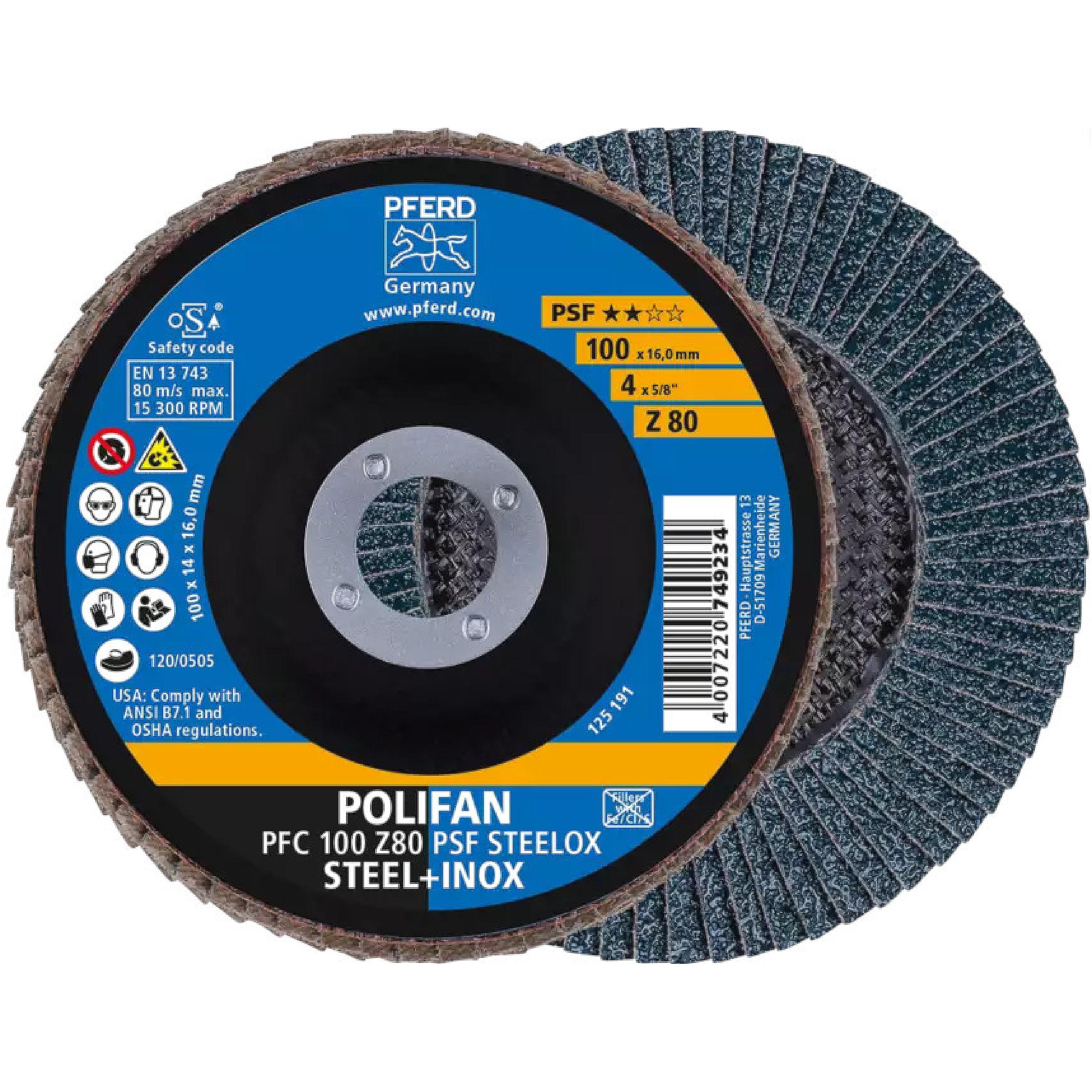 PFERD PFC 100 Z 80 PSF STEELOX/16,0 POLIFAN flap disc 100x16mm conical grit 80 universal line ...