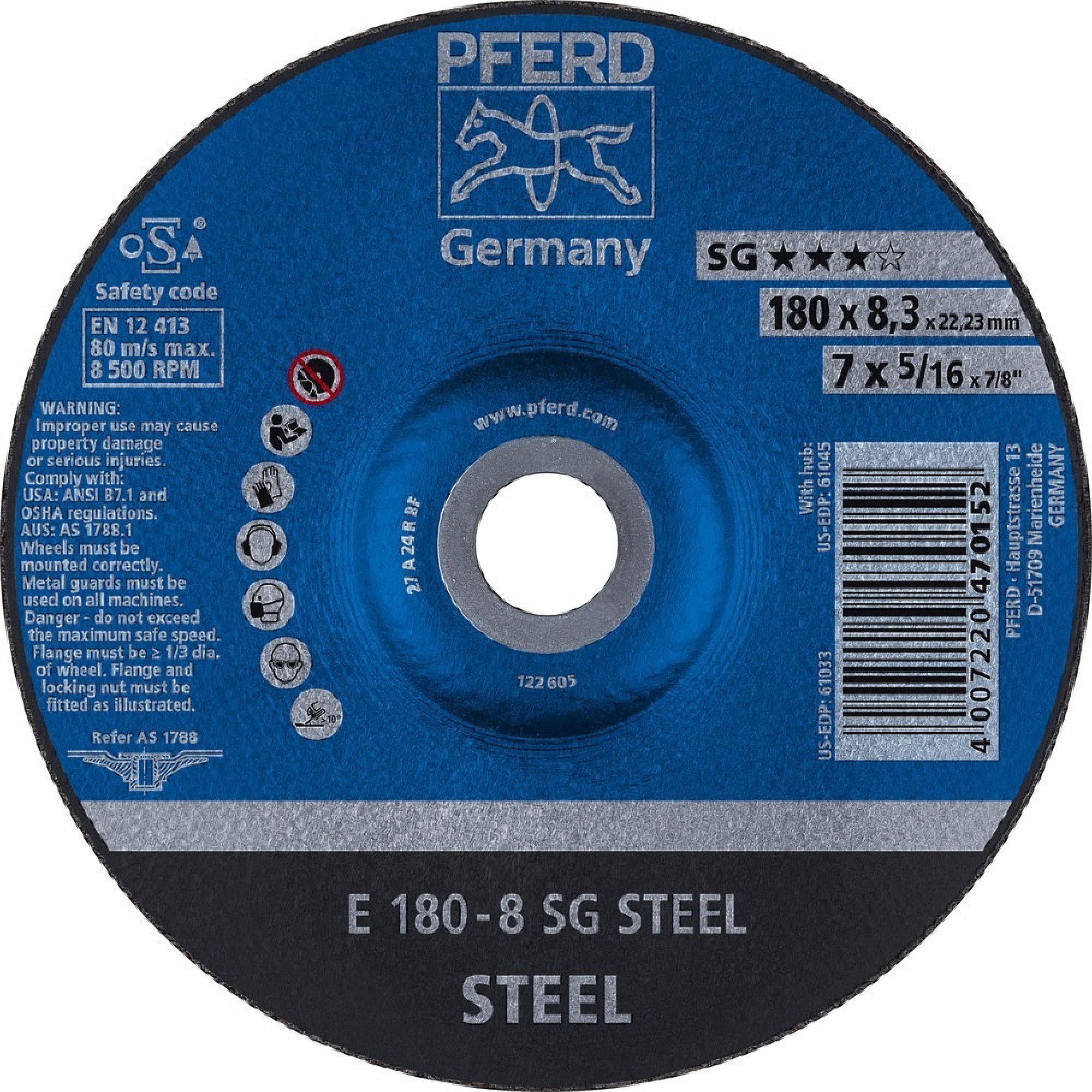 PFERD E 180-8 SG STEEL grinding disc 180x8,3x22,23 mm performance line ...