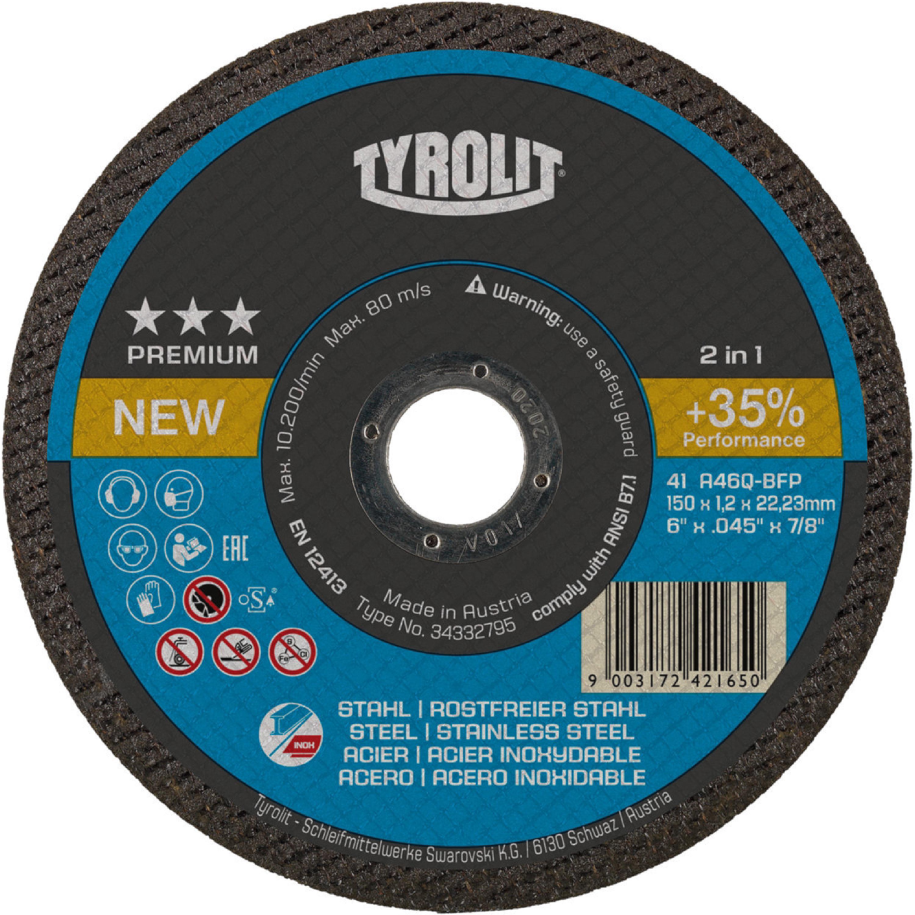 TYROLIT 34332792 Premium cut-off wheel for angle grinders 41 125x1.0x22.23 A60Q-BFP
