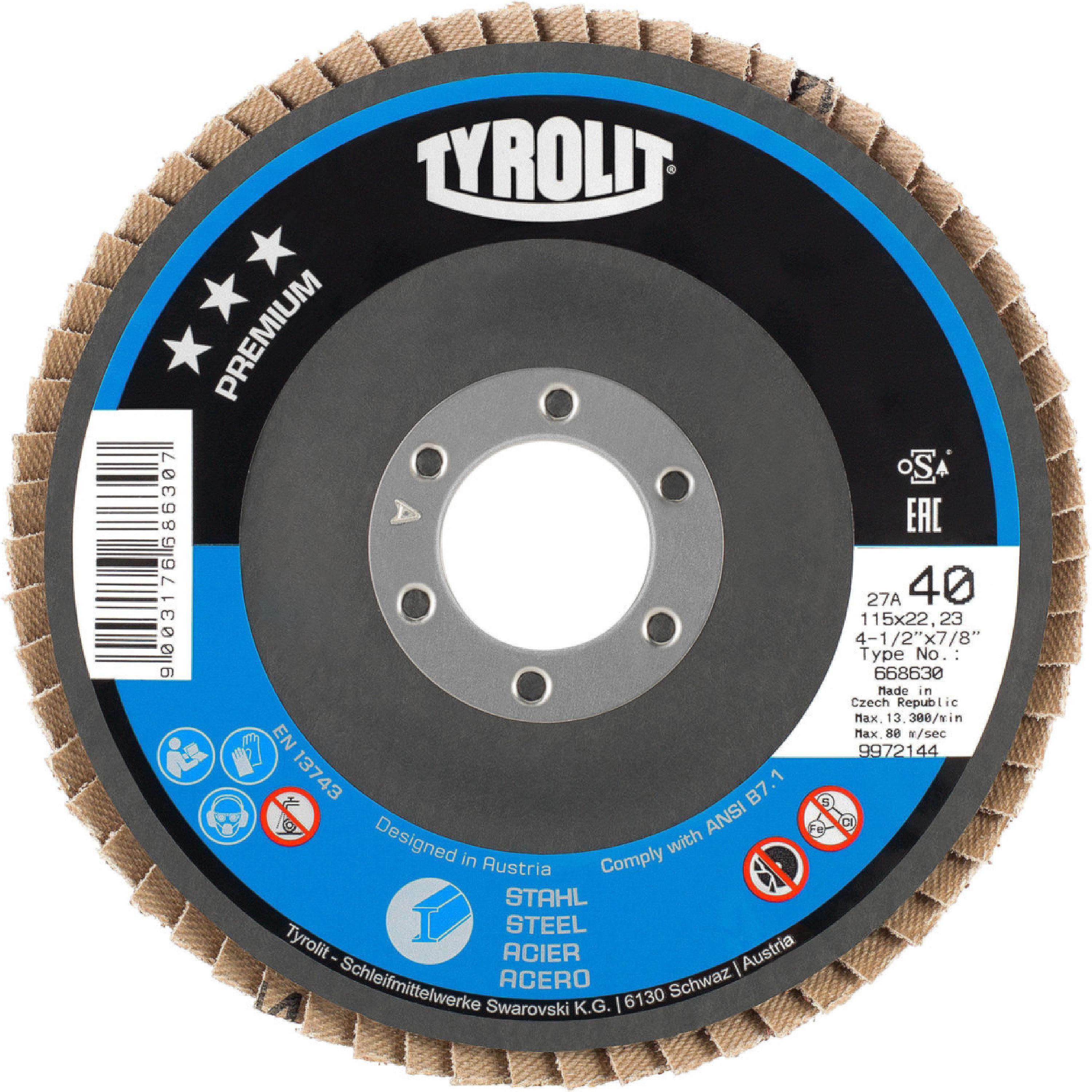 TYROLIT 668635 Premium flap disc for angle grinders 27A 125x22.23 A60-B ...