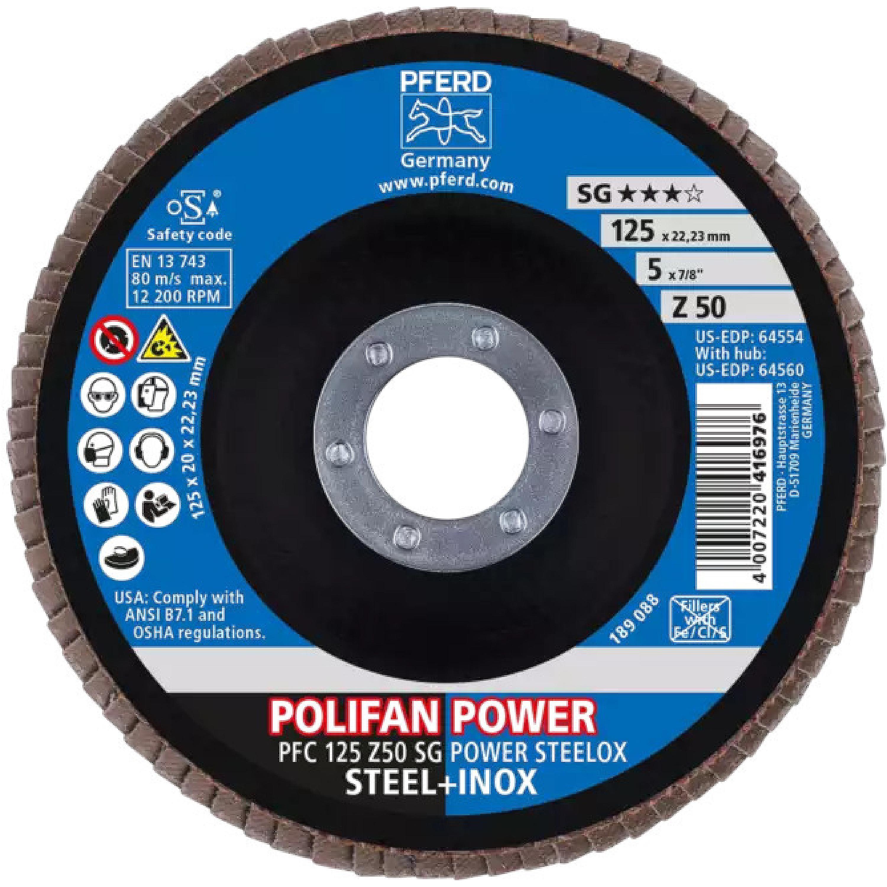 PFERD PFC 125 Z50 SG POWER STEELOX POLIFAN flap disc 125x22.23mm conical grit 50 performance ...